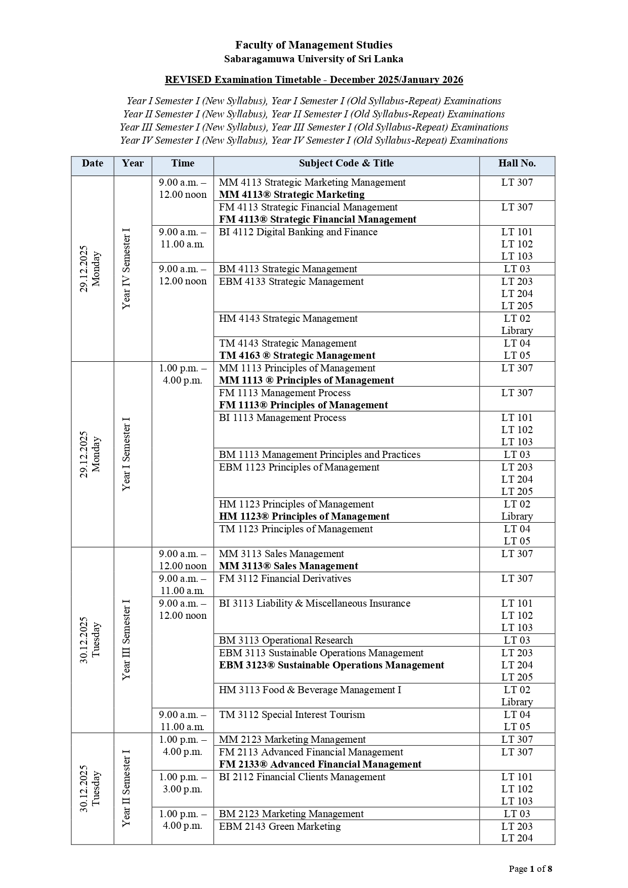 NOTICE : Revised Exam Timetable | Faculty of Management Studies